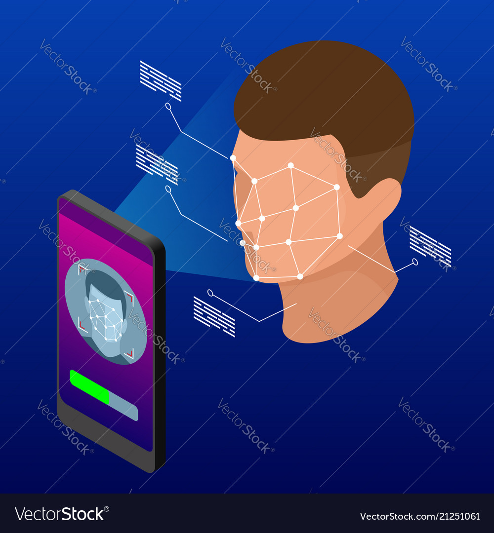 Isometric unlocking smartphone with biometric Vector Image Isometric unlocking smartphone with biometric Vector Image