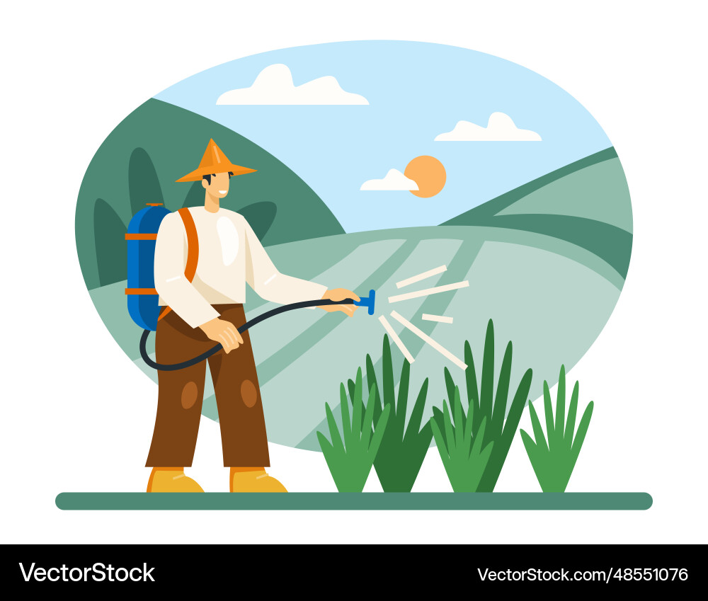 Asian man in uniform spraying rice bushes Vector Image