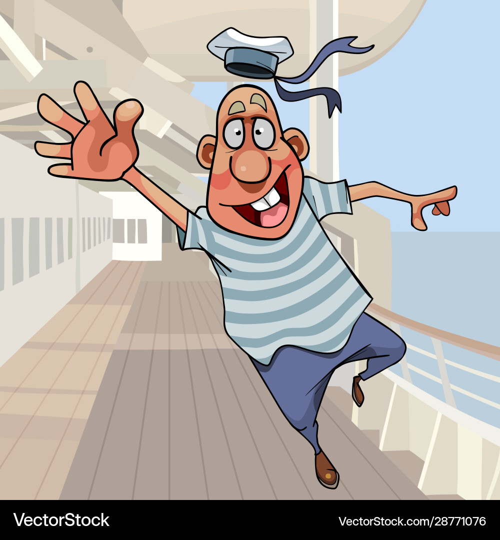 Cartoon happy sailor runs on deck ship Royalty Free Vector
