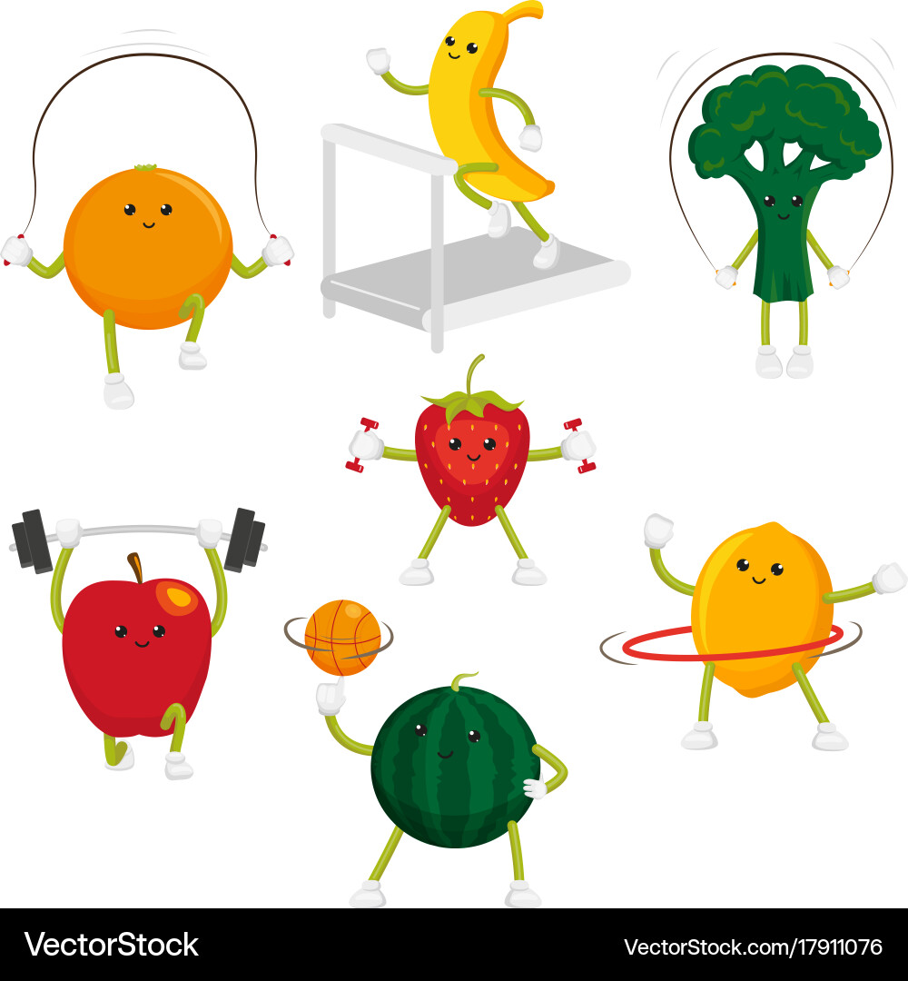 Funny fruit and berry characters doing sport Vector Image