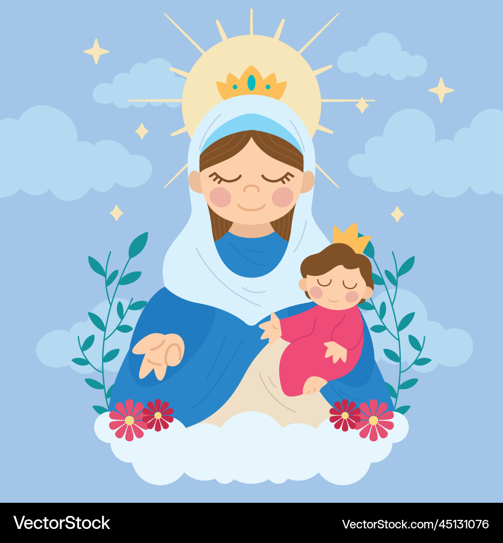 Isolated cute virgin mary character with flora Vector Image