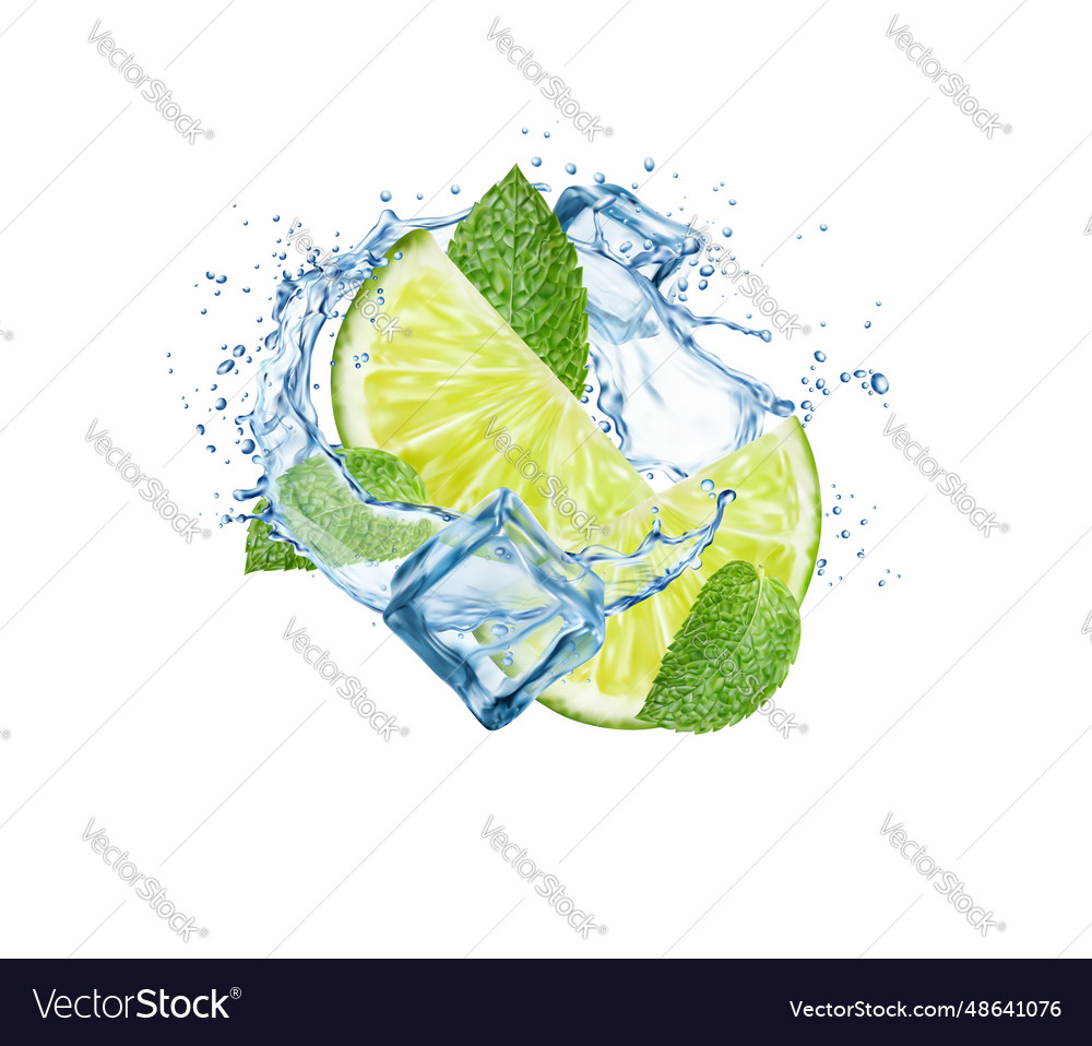 Realistic mojito drink splash with lime ice cubes Vector Image