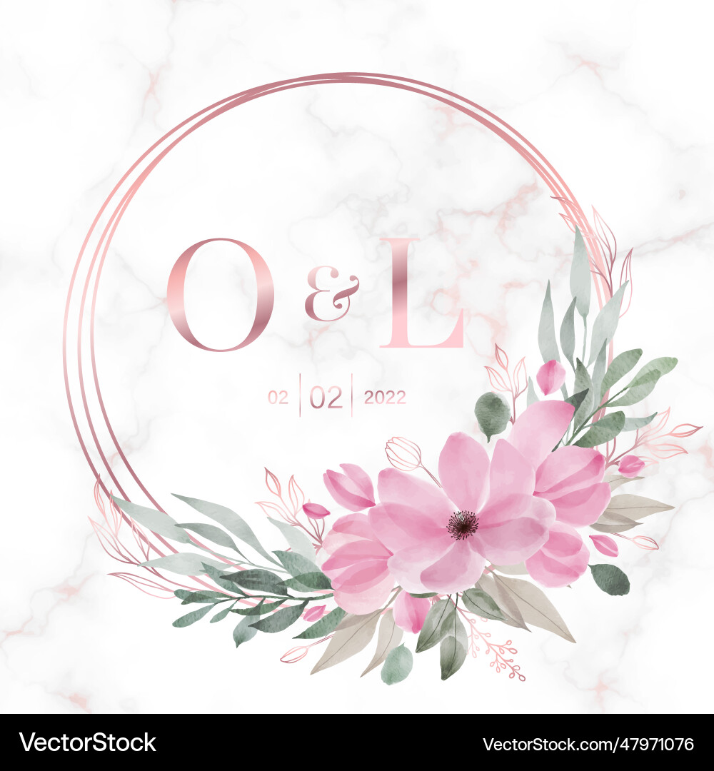 Rose gold circle frame with floral on marble Vector Image