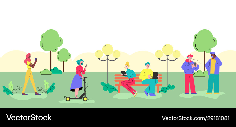 Young people using gadgets in park - cartoon Vector Image