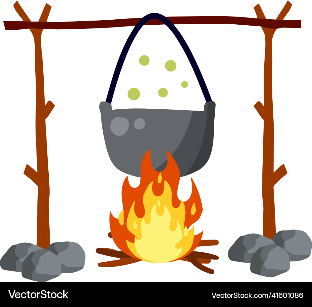 Cooking on fire in pot cauldron and campfire hot Vector Image