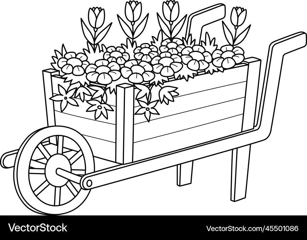 Wheelbarrow with flowers isolated coloring page Vector Image