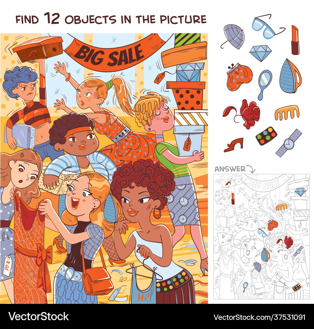 Find 12 objects in picture women during Royalty Free Vector