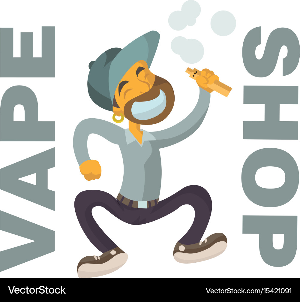 Vape shop logo with boy flat character Royalty Free Vector