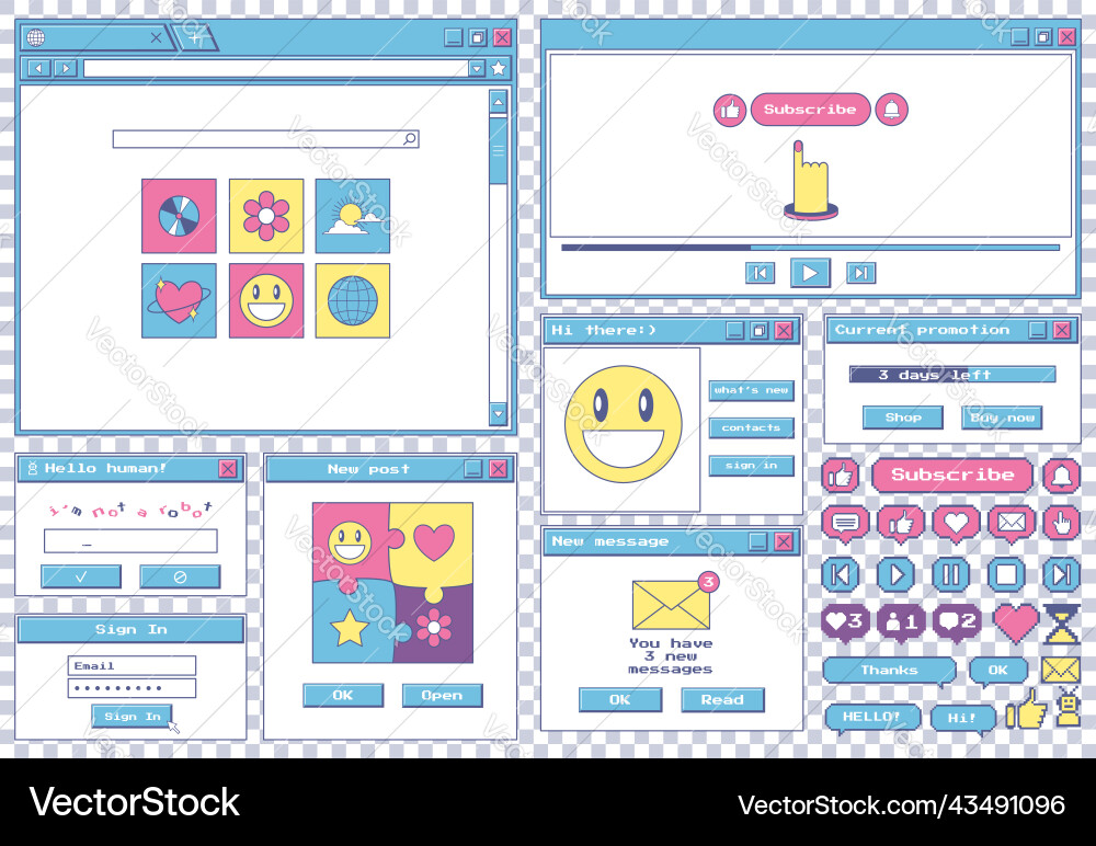 Big set of retro desktop browser and dialog Vector Image