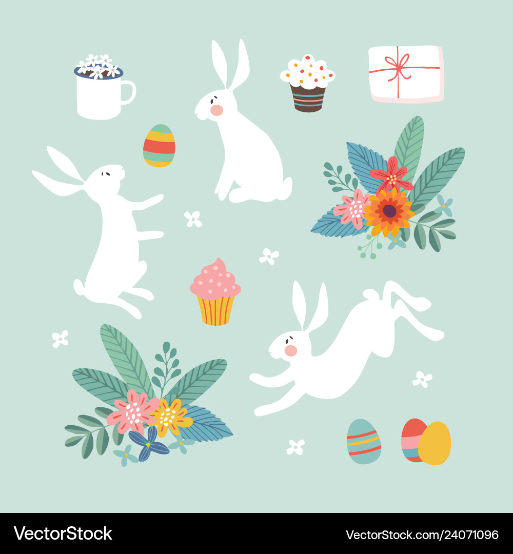 Cute easter set of white rabbits colorful easter Vector Image