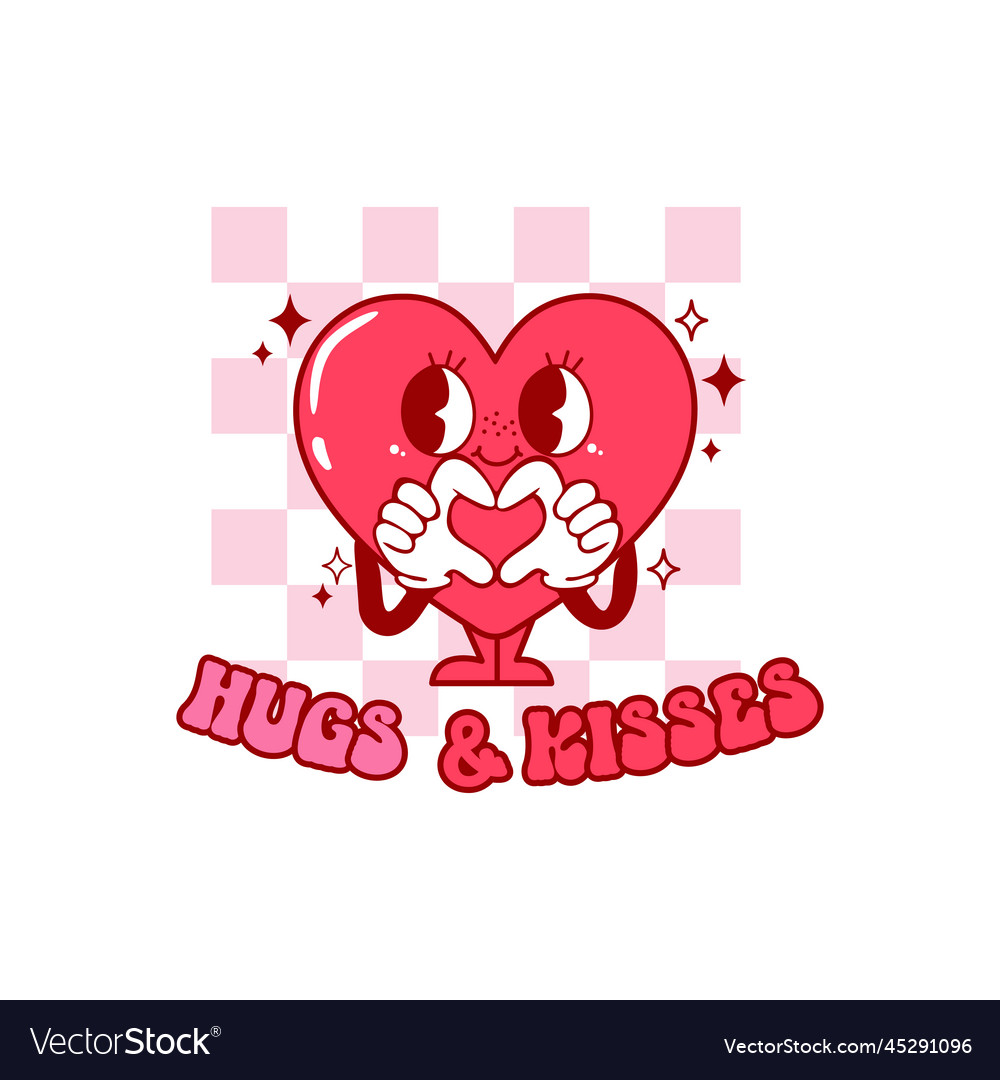 Retro groovy valentine day quote hugs and kisses Vector Image