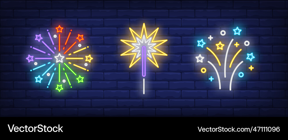 Sparkler and fireworks neon signs set Royalty Free Vector