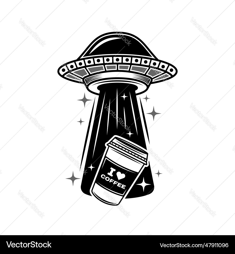Ufo stealing coffee paper cup monochrome Vector Image