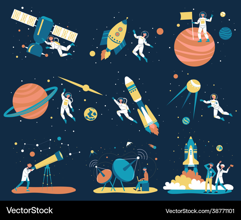 Astronomy space people background icon set Vector Image