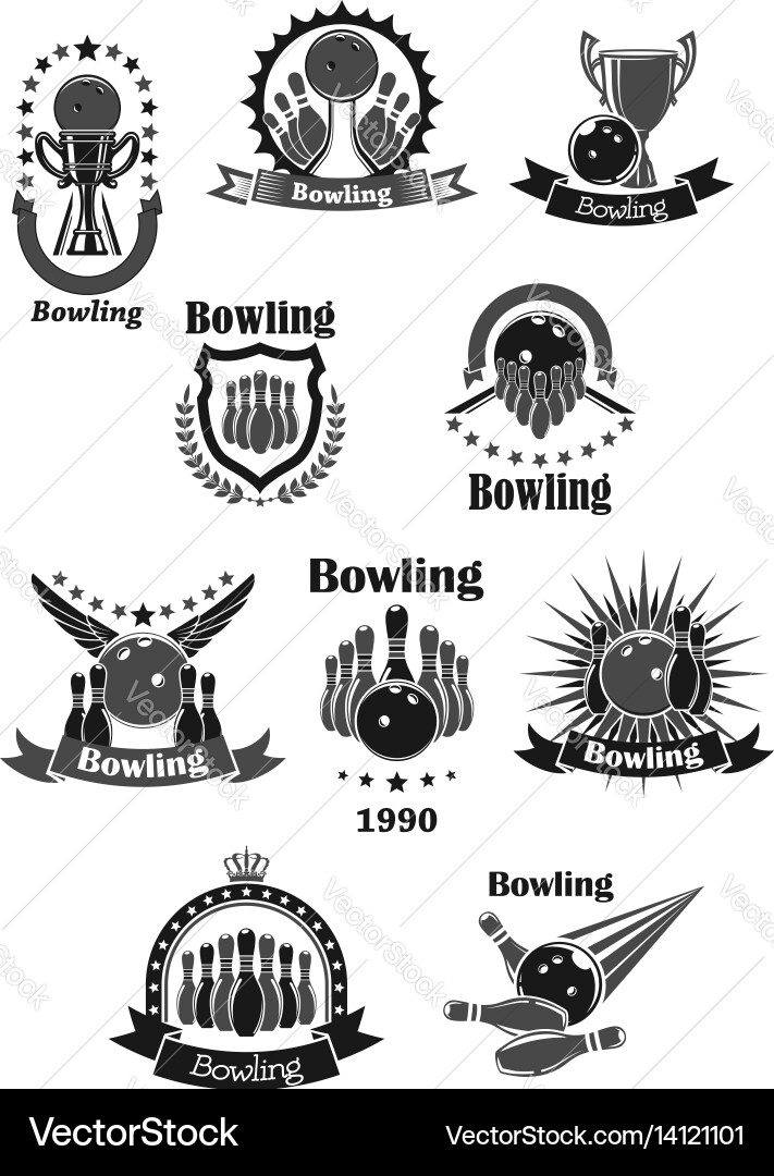 Bowling game championship awards icons set Vector Image