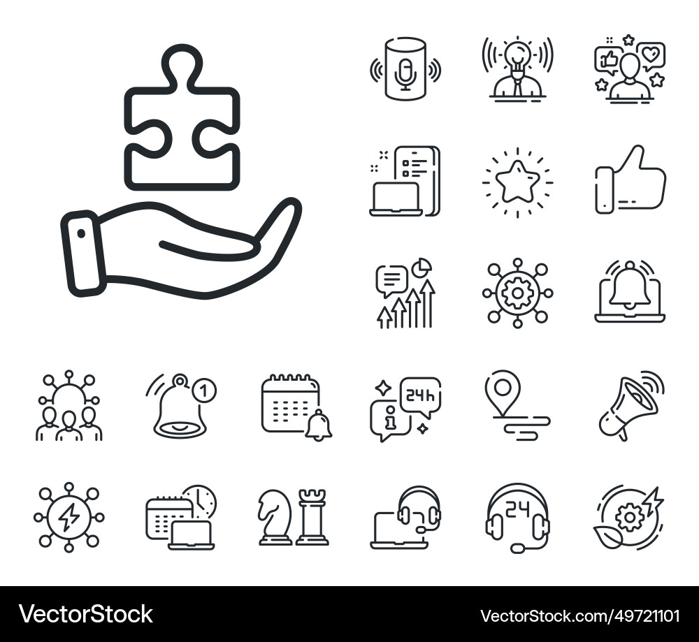 Puzzle line icon hand with jigsaw piece sign Vector Image