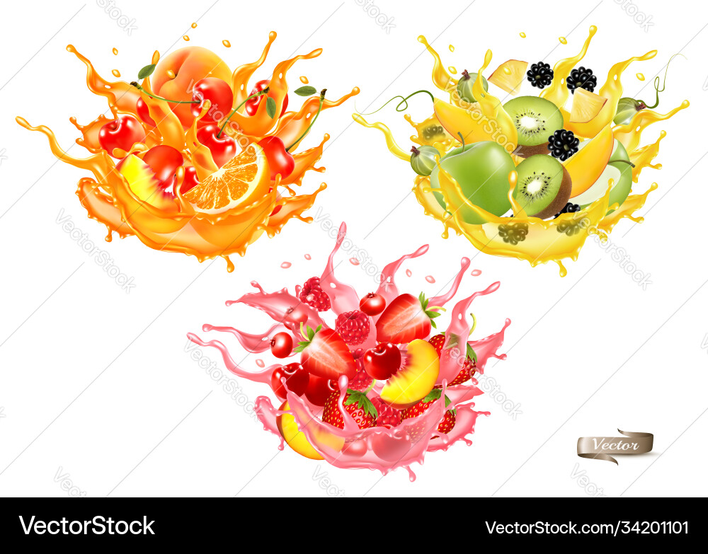 Set fruit juice splash whole and sliced Royalty Free Vector