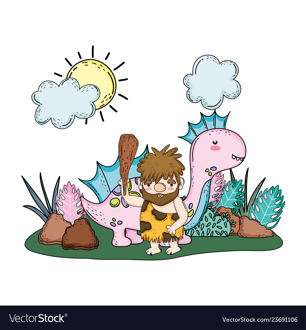 Caveman with dinosaur in landscape Royalty Free Vector Image