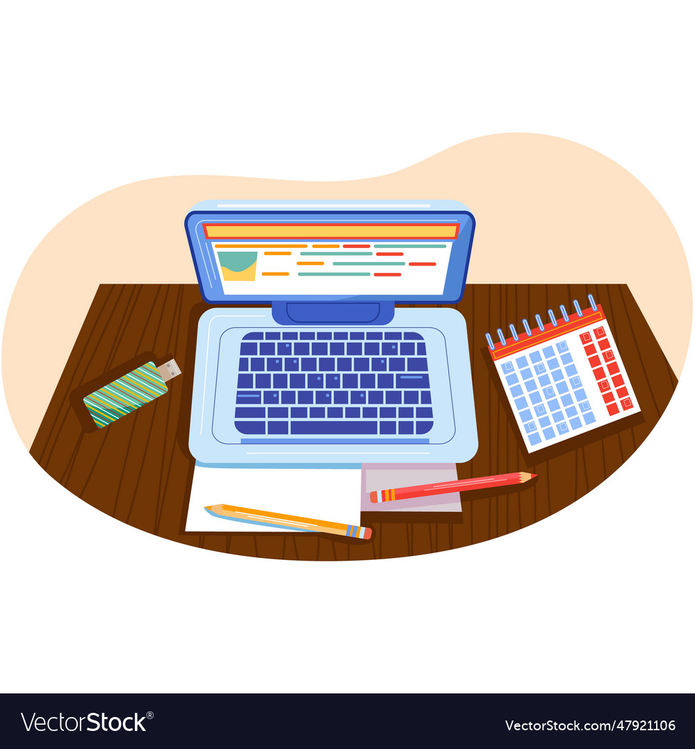 Laptop computer on desk table workspace top view Vector Image