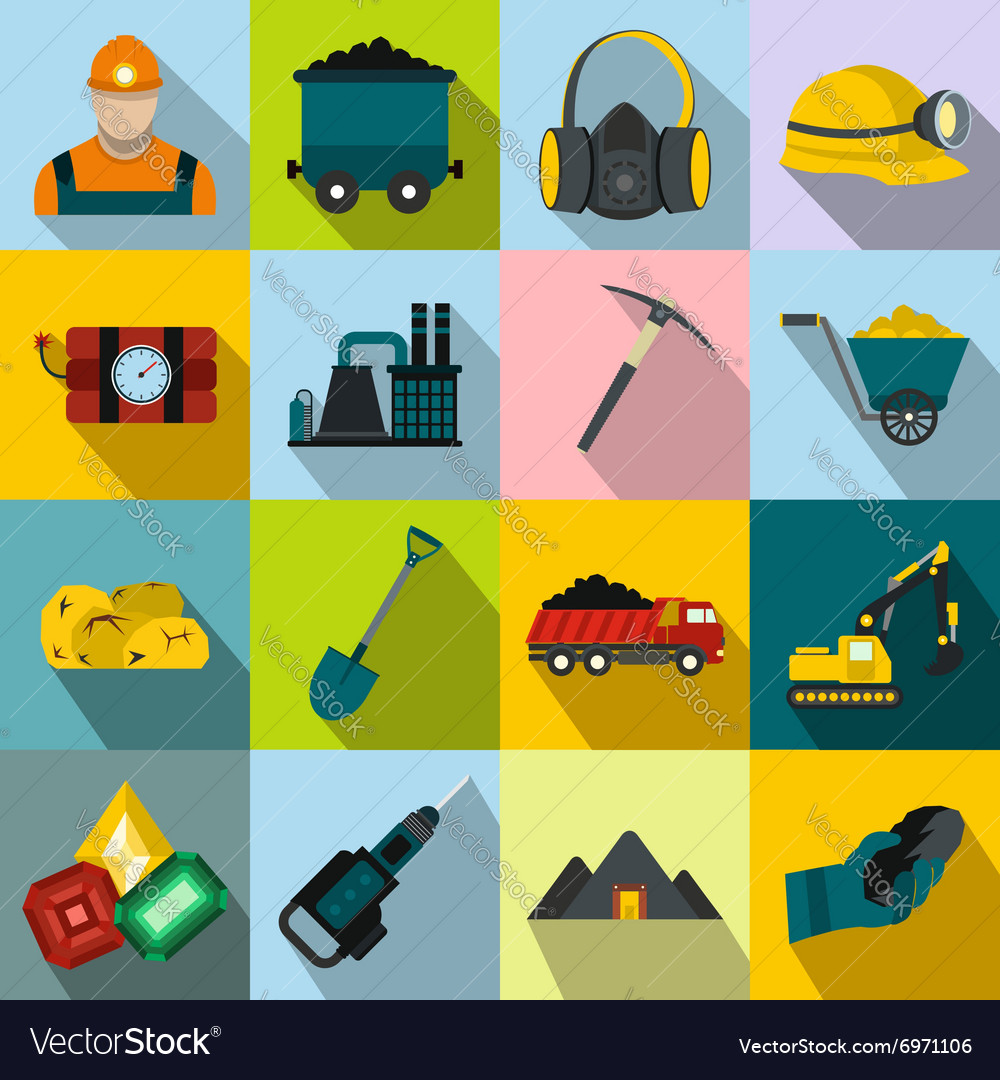 Mining icons flat set Royalty Free Vector Image