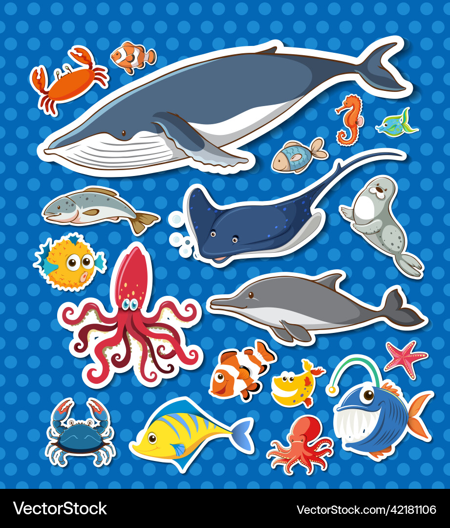 Sticker pack of different sea animals Royalty Free Vector