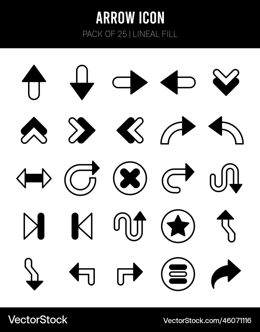 25 arrow lineal fill icons pack Royalty Free Vector Image