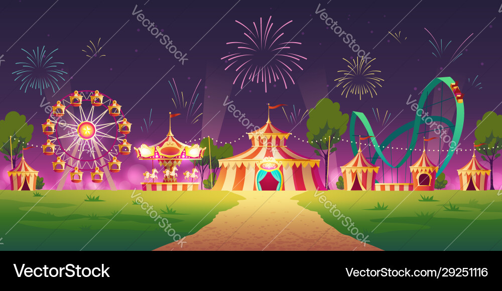 Amusement park with circus tent and fireworks Vector Image