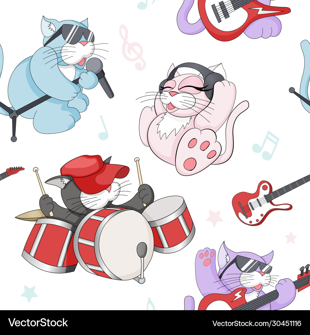 Seamless pattern with cute cartoon musican kittens