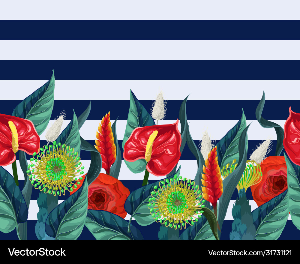 Border with anthuriums and tropical leaves Vector Image