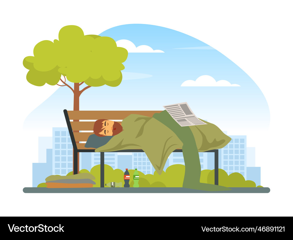 Homeless man in rags sleeping on the bench Vector Image