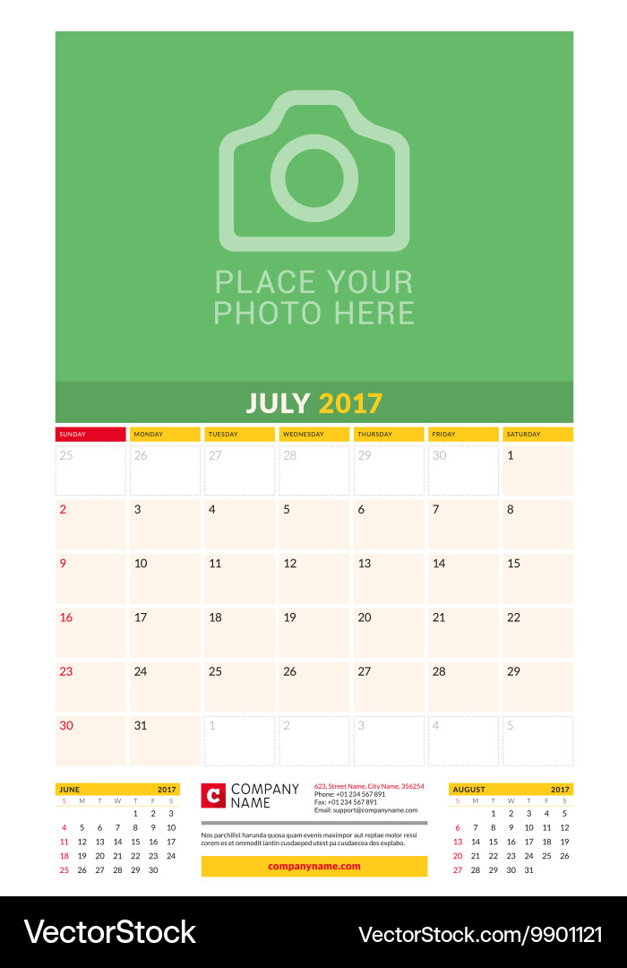 July 2017 wall monthly calendar for year Vector Image