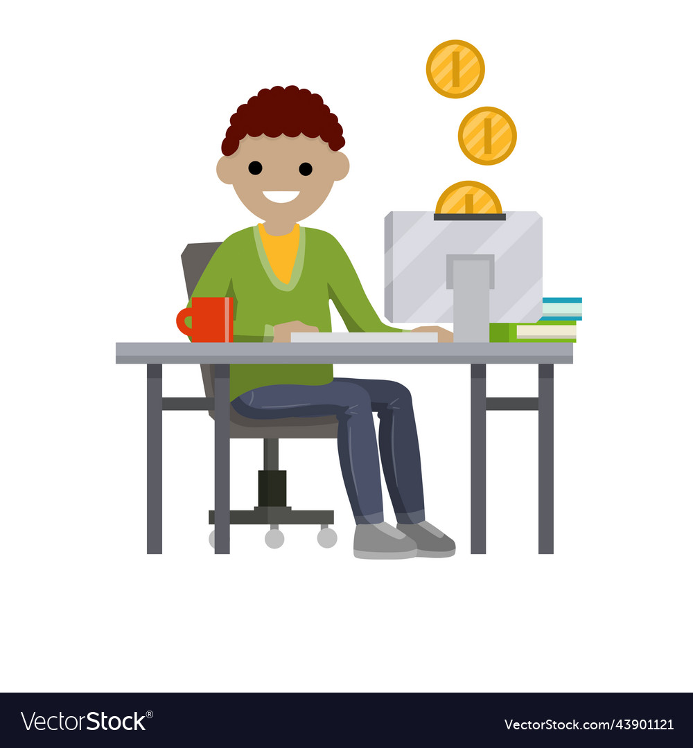 Man sitting at table with computer Royalty Free Vector Image