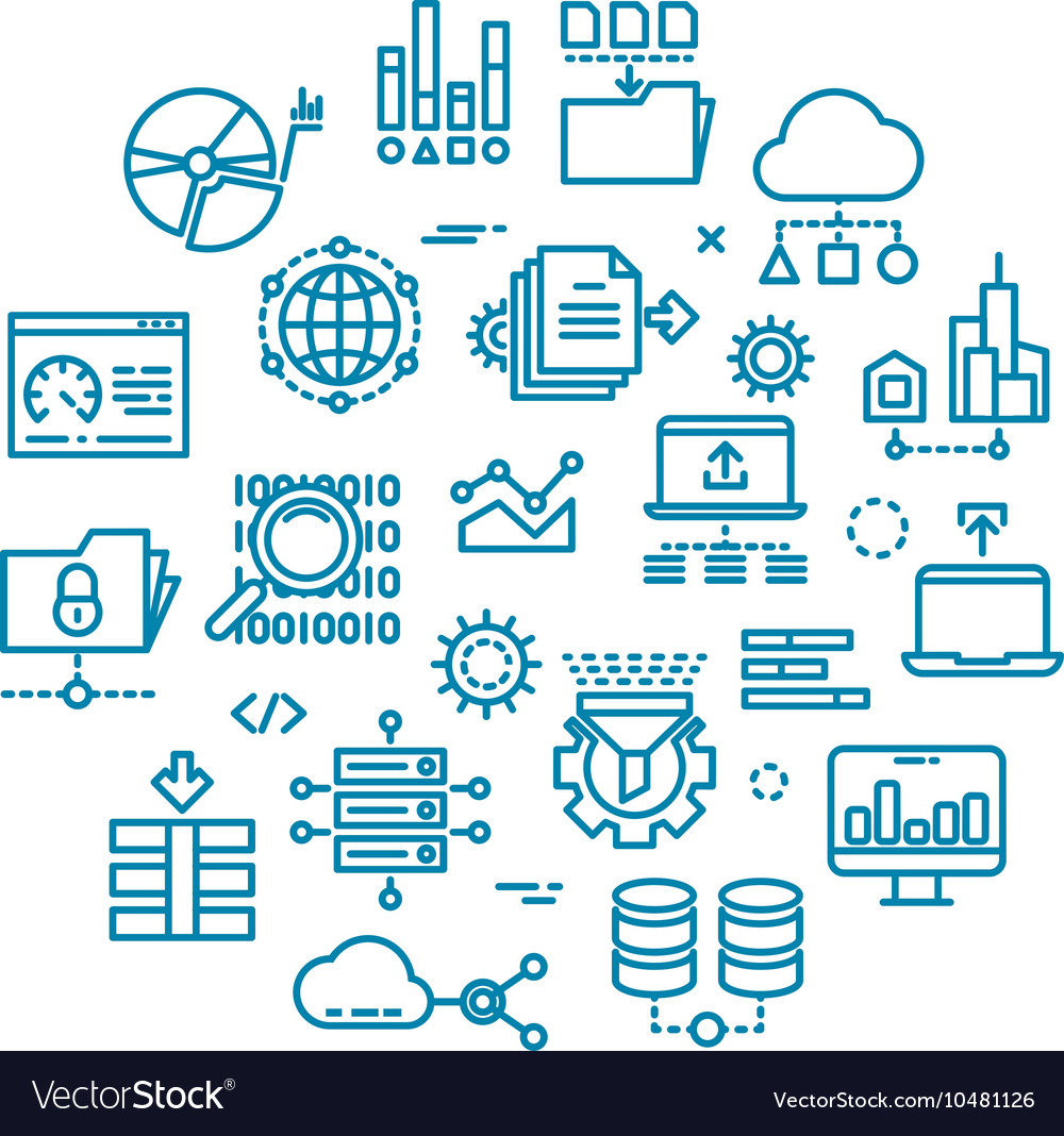 Big computer data outline icons in circle Vector Image