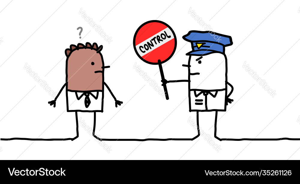 Hand drawn cartoon policeman controlling a black Vector Image