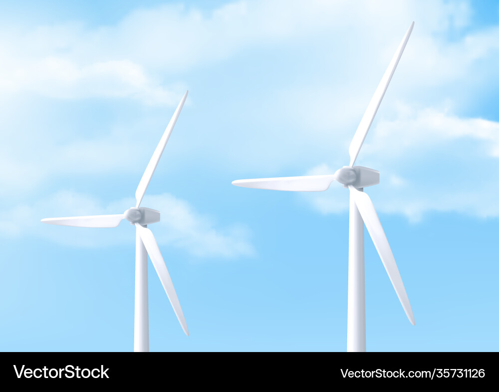 Realistic white wind turbine and blue sky Vector Image