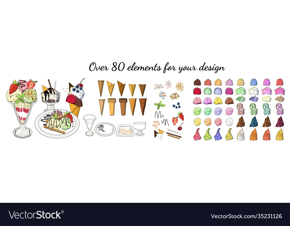 Set ice cream in dessert bowls and saucers Vector Image