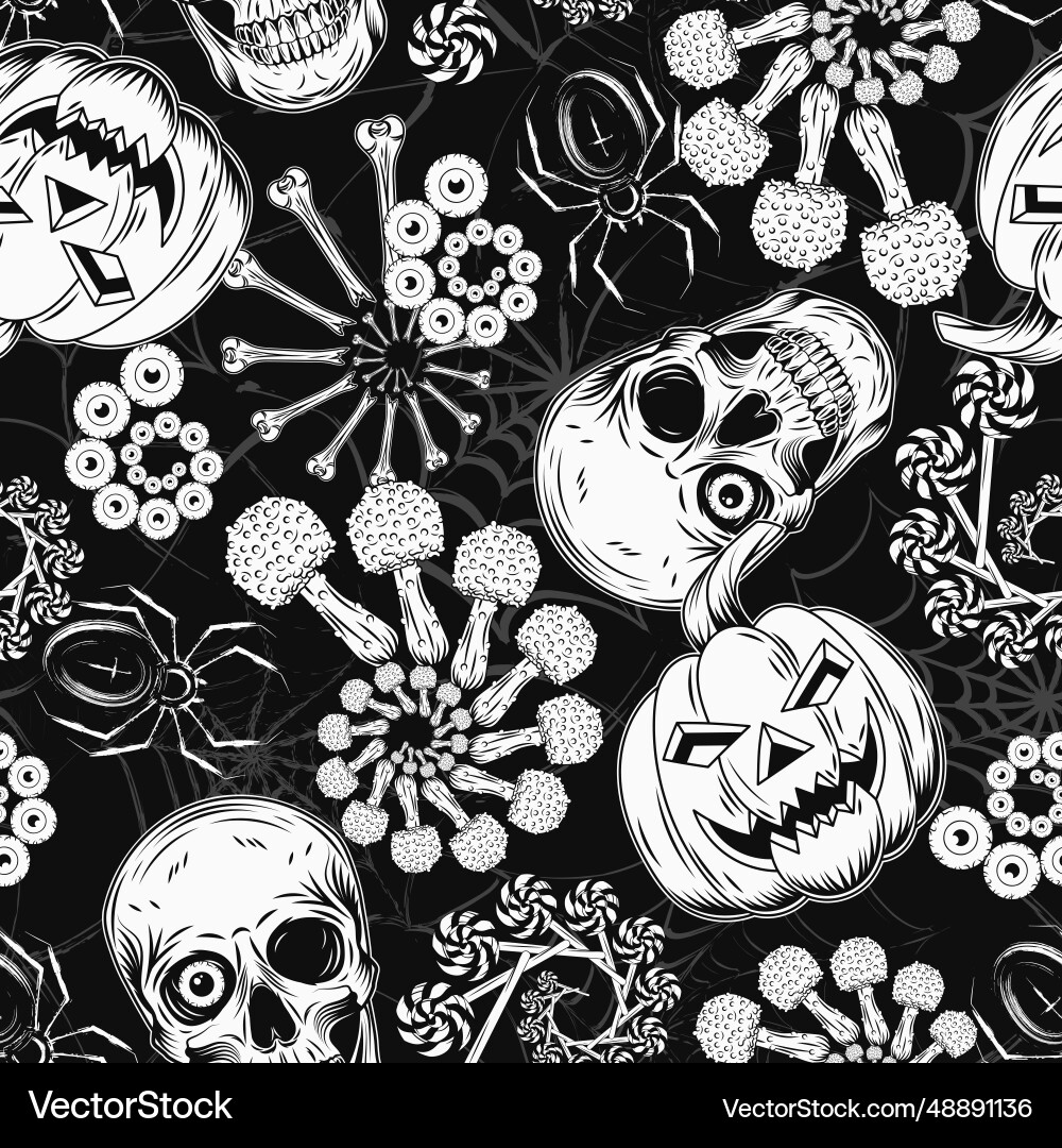 Halloween pattern with skulls pumpkin mushroom Vector Image