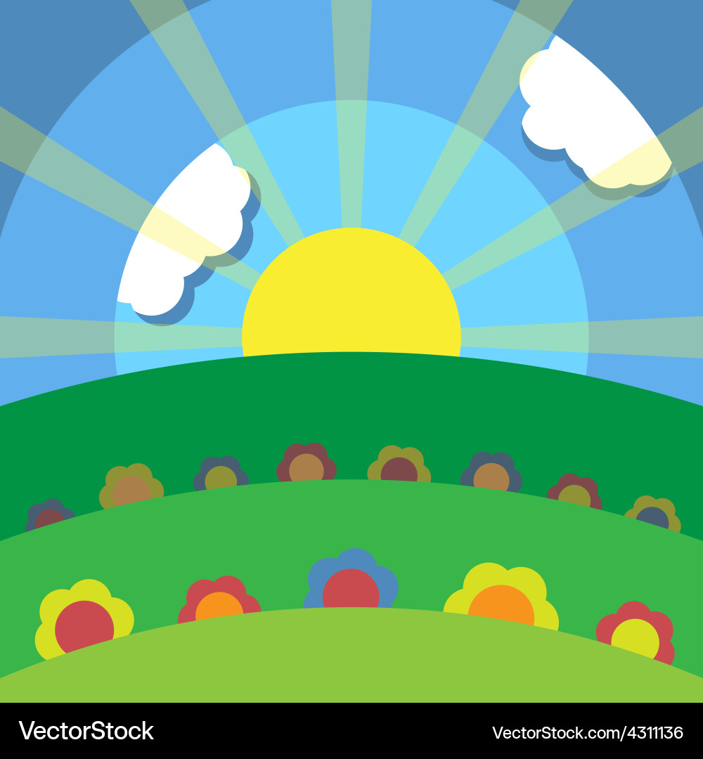 Landscape with flowers and sun Royalty Free Vector Image