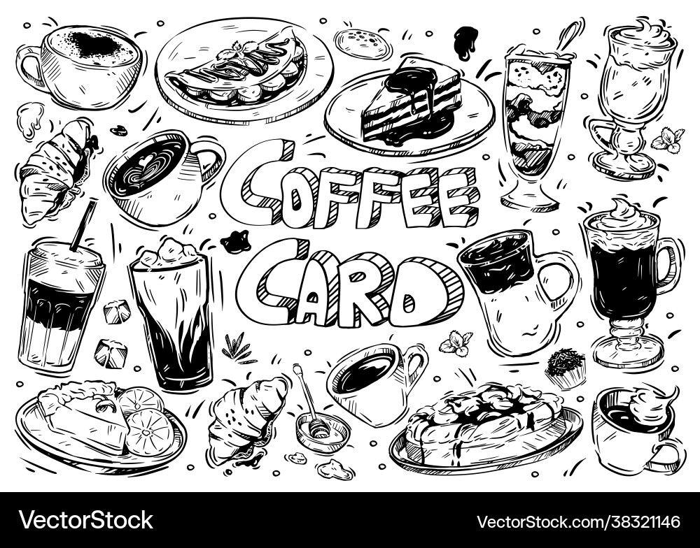 Hand drawn food and coffee card Royalty Free Vector Image