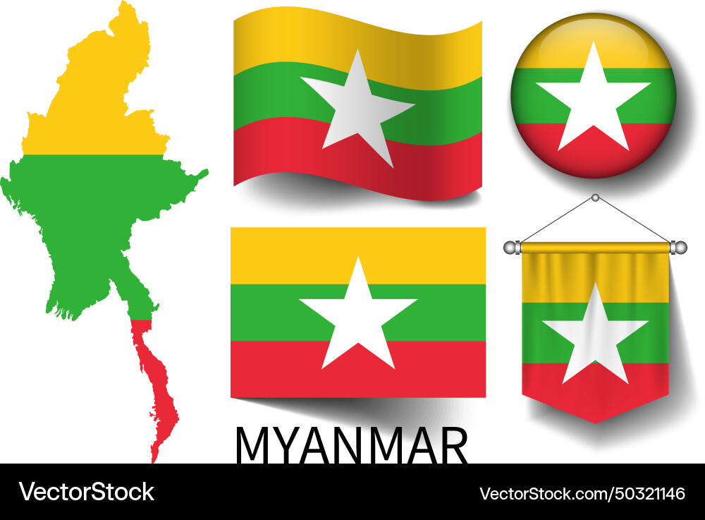Map of myanmar and the various flags Royalty Free Vector