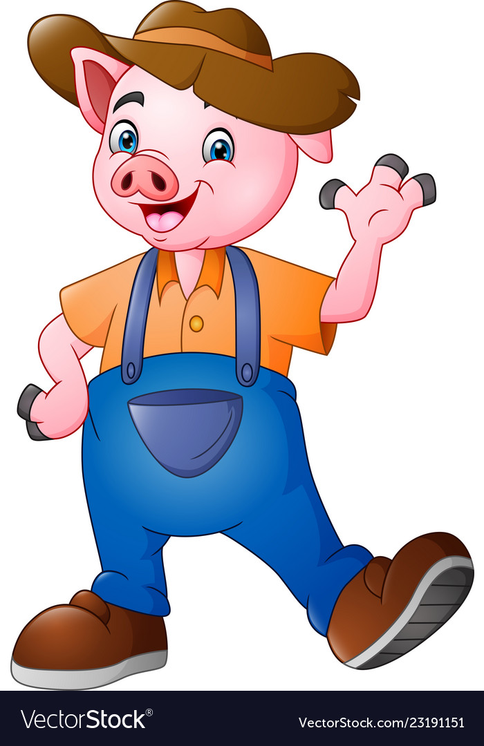 Cartoon little farmer pig waving hand Royalty Free Vector Cartoon little farmer pig waving hand Royalty Free Vector