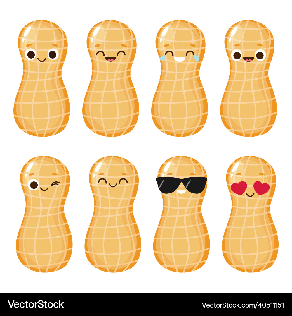Cute happy cartoon peanut character set Royalty Free Vector