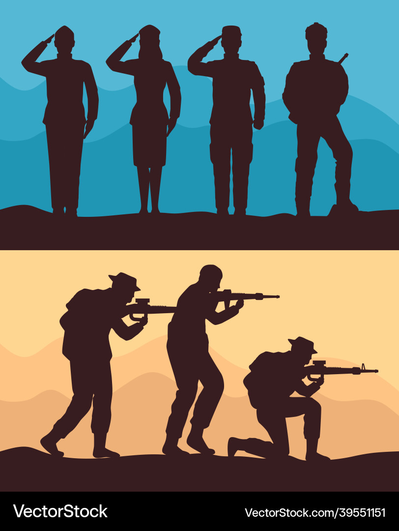Seven military squad silhouettes Royalty Free Vector Image