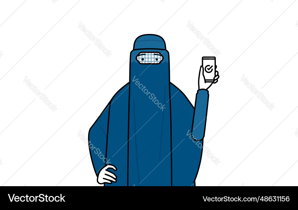 Muslim woman in burqa using a smartphone at work Vector Image