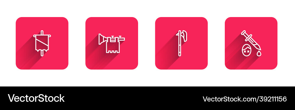 Set line medieval flag trumpet with axe Royalty Free Vector