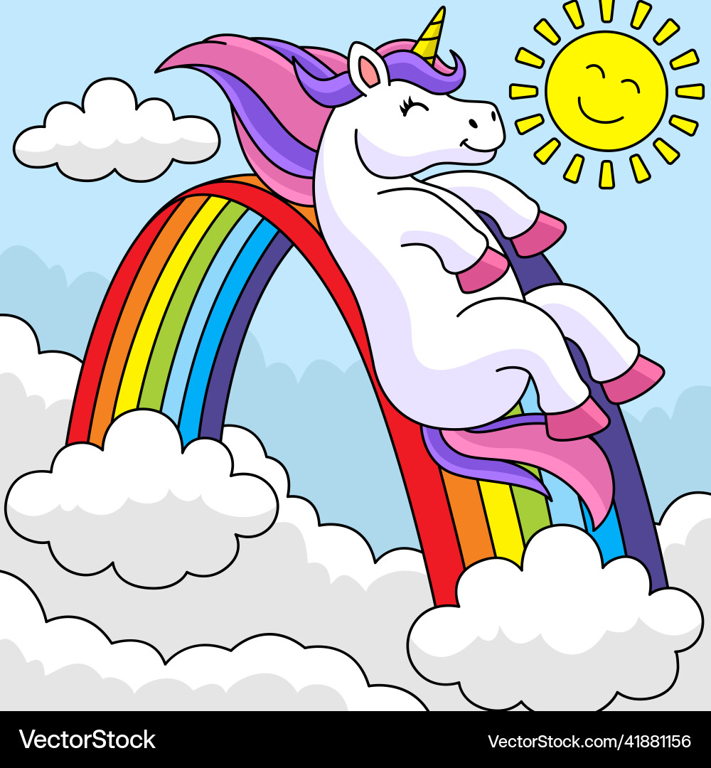 Unicorn sliding over the rainbow colored Vector Image
