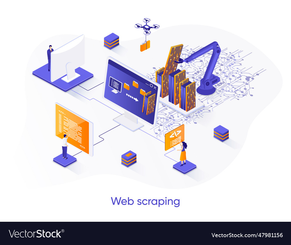 Web scraping isometric banner data extraction Vector Image