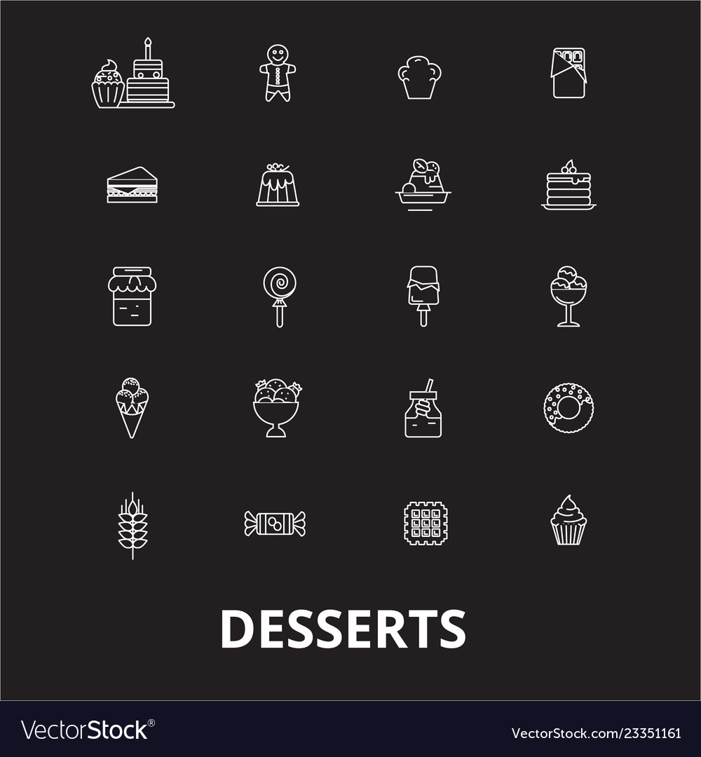 Desserts editable line icons set on black Vector Image