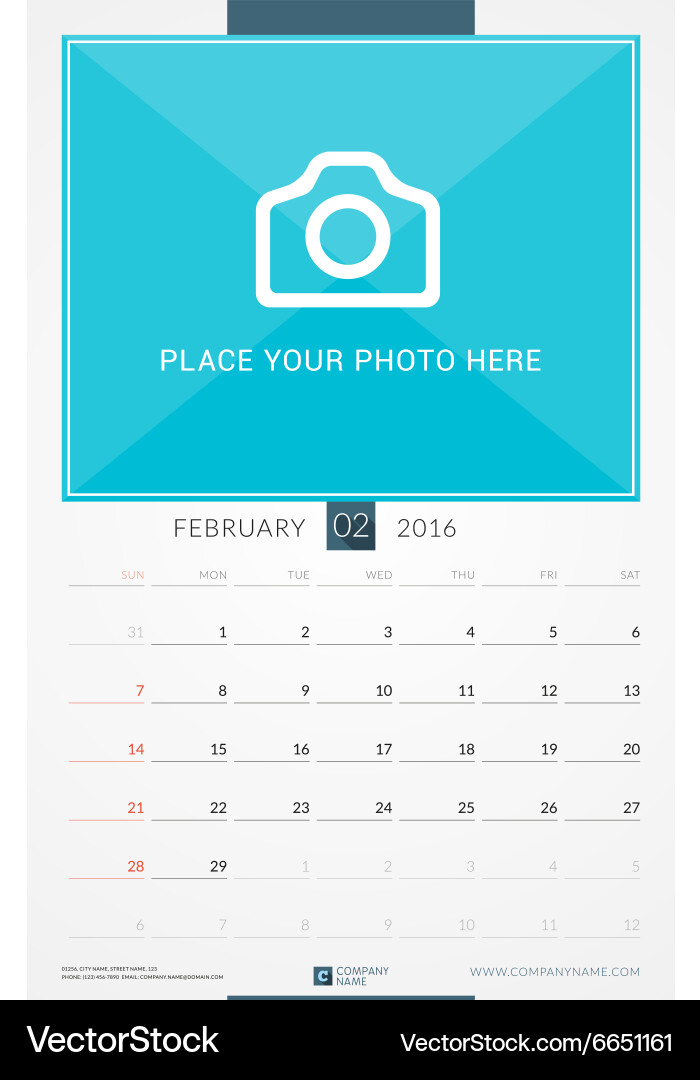 February 2016 wall monthly calendar for year Vector Image