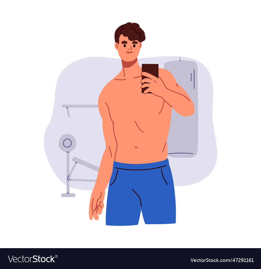 Man takes selfie with mobile phone in gym mirror Vector Image
